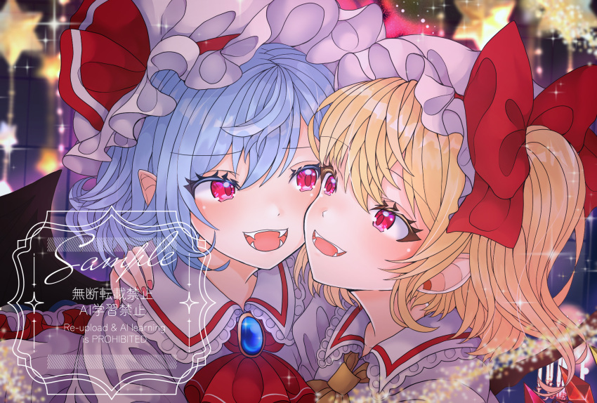 Safebooru - 2girls 870hanamarumomo ascot bat wings blonde hair blue hair blush bow crystal ...
