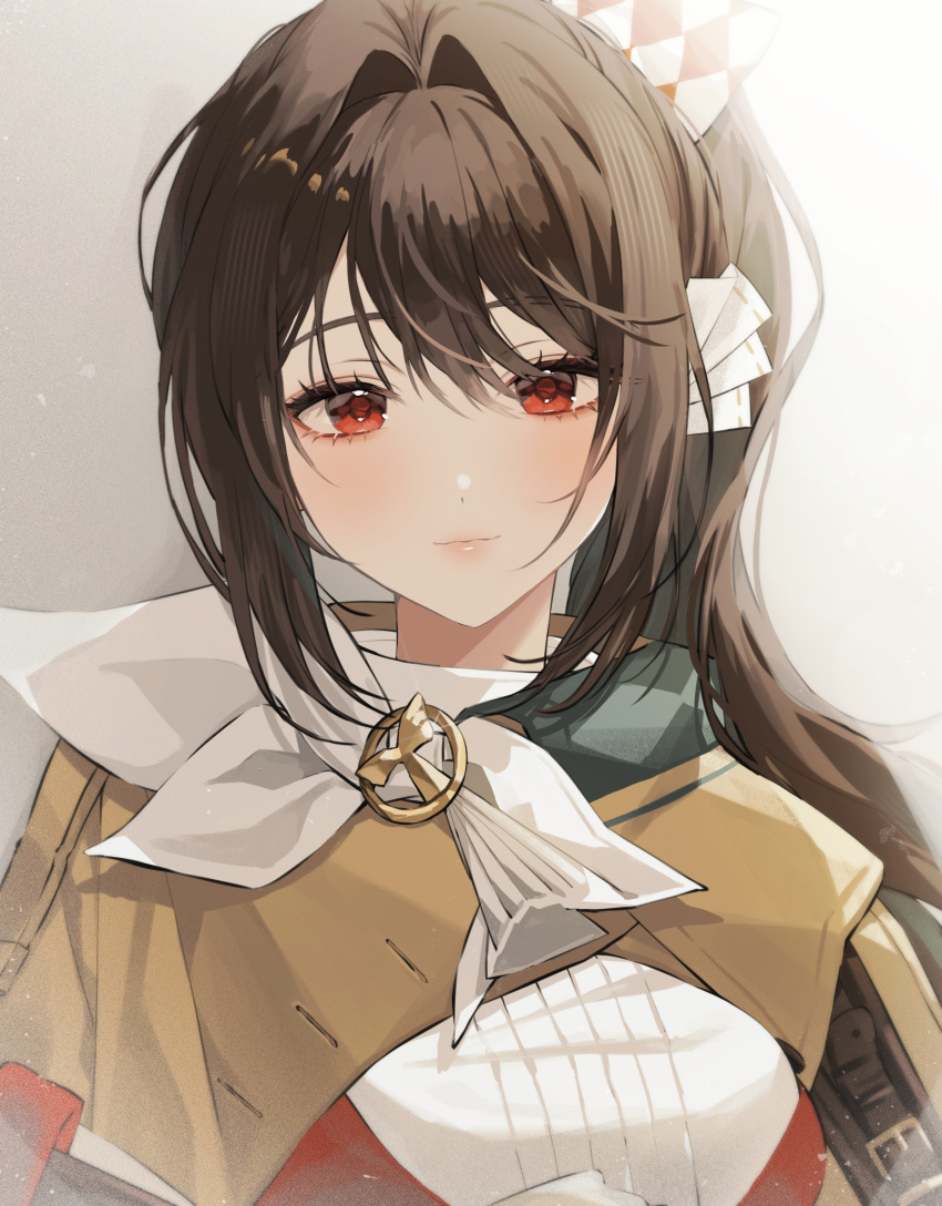 Safebooru - 1girl black hair brown cape cape closed mouth gradient background grey background ...