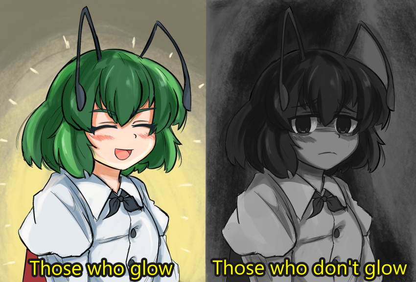 Safebooru - 1girl antennae cape closed eyes frown green hair happy ...