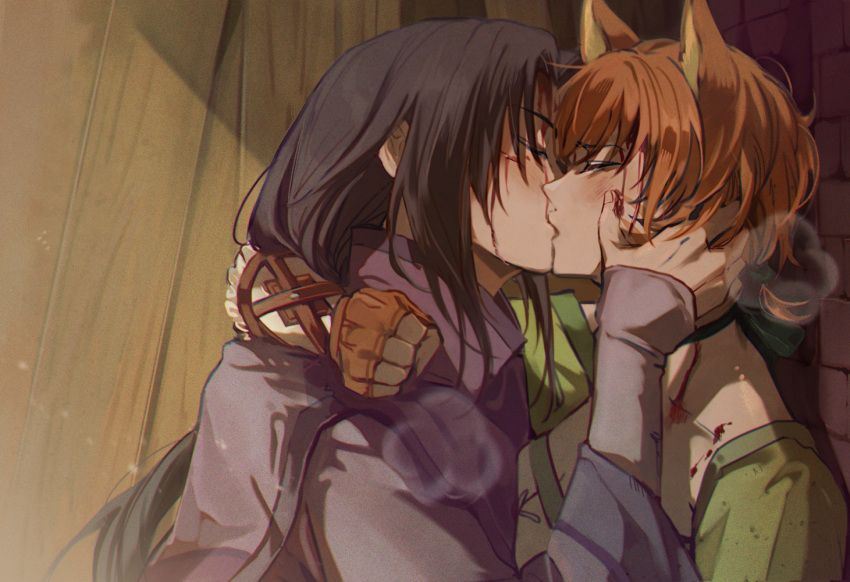 Safebooru - 1boy 1girl against wall animal ears black hair bleeding blood blood from forehead ...