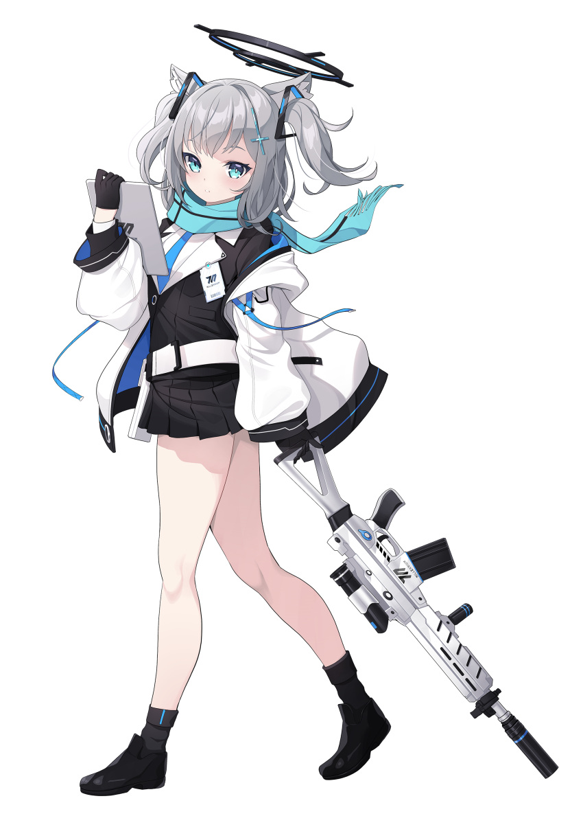 Safebooru - 1girl absurdres animal ear fluff animal ears assault rifle black footwear black ...