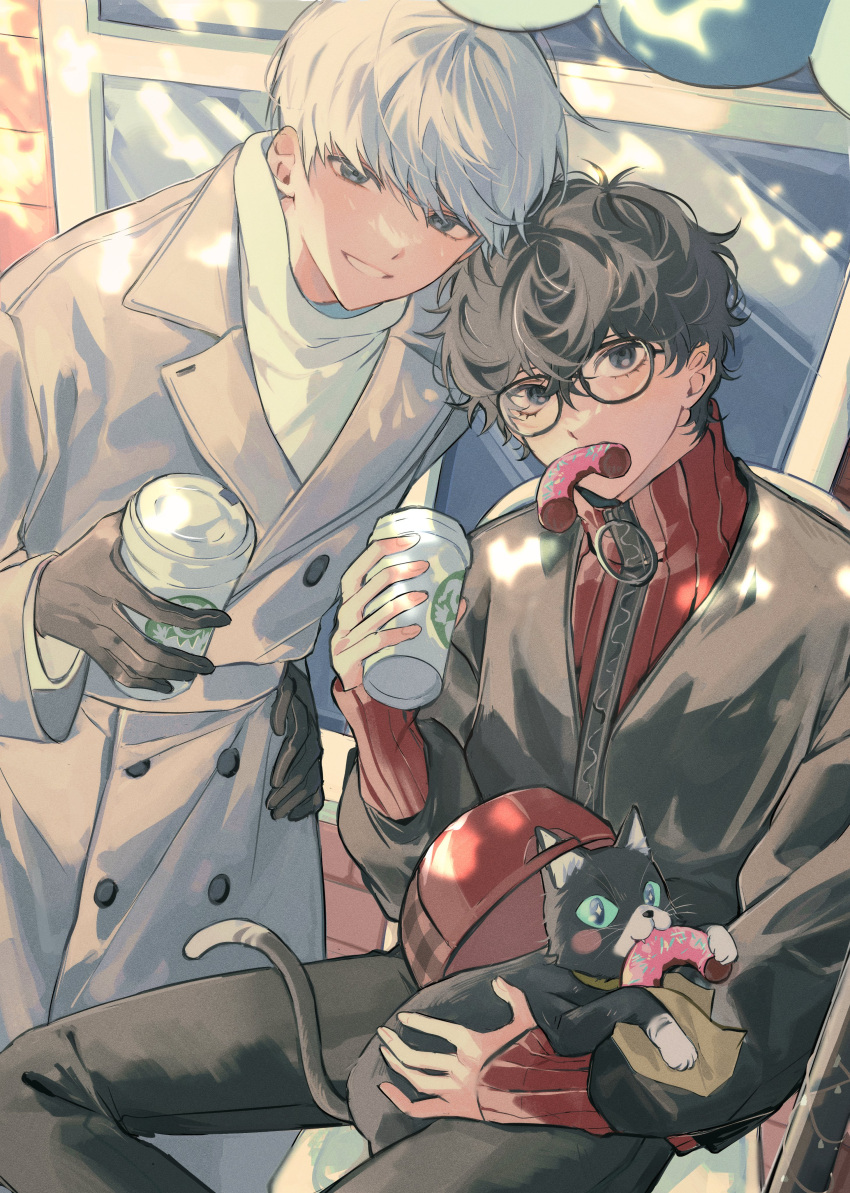 Safebooru - 2boys absurdres amamiya ren black-framed eyewear black cat black eyes black gloves ...