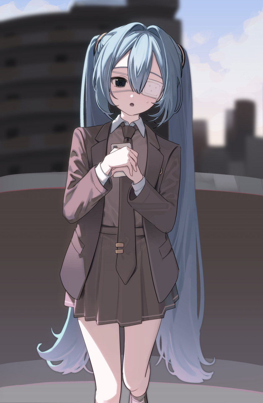 Safebooru - 1girl absurdres aqua hair black eyes blazer blue eyes brown jacket brown necktie ...