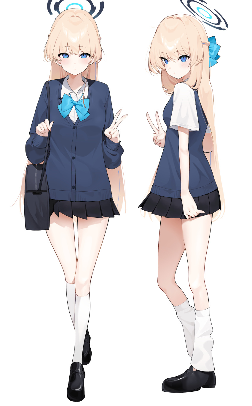 Safebooru - 1girl absurdres aqua bow aqua bowtie bag black footwear black skirt blonde hair blue ...