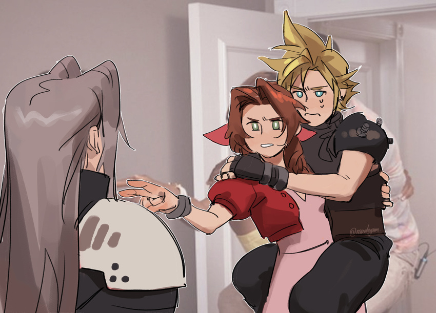 Safebooru - 1girl 2boys aerith gainsborough aqua eyes arm around back ...