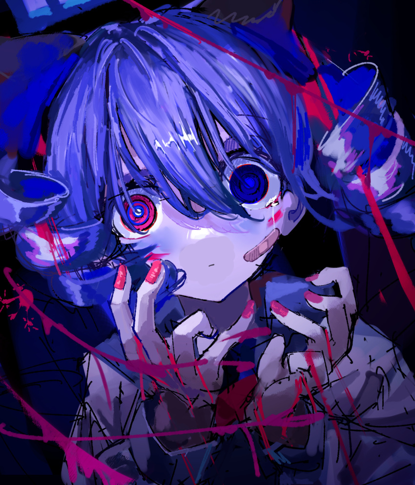 Safebooru - 1girl alternate color bandaid bandaid on face blue eyes blue hair closed mouth ...