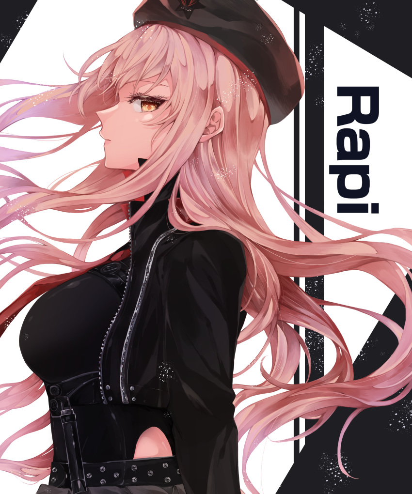 Safebooru - 1girl absurdres belt beret black background black belt black hat black jacket black ...