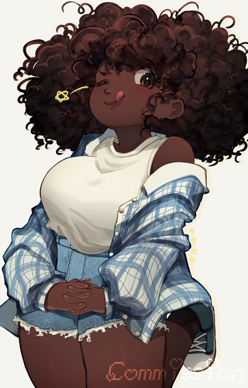 Safebooru - 1girl absurdres afro blush commission curly hair dark-skinned female dark skin denim ...