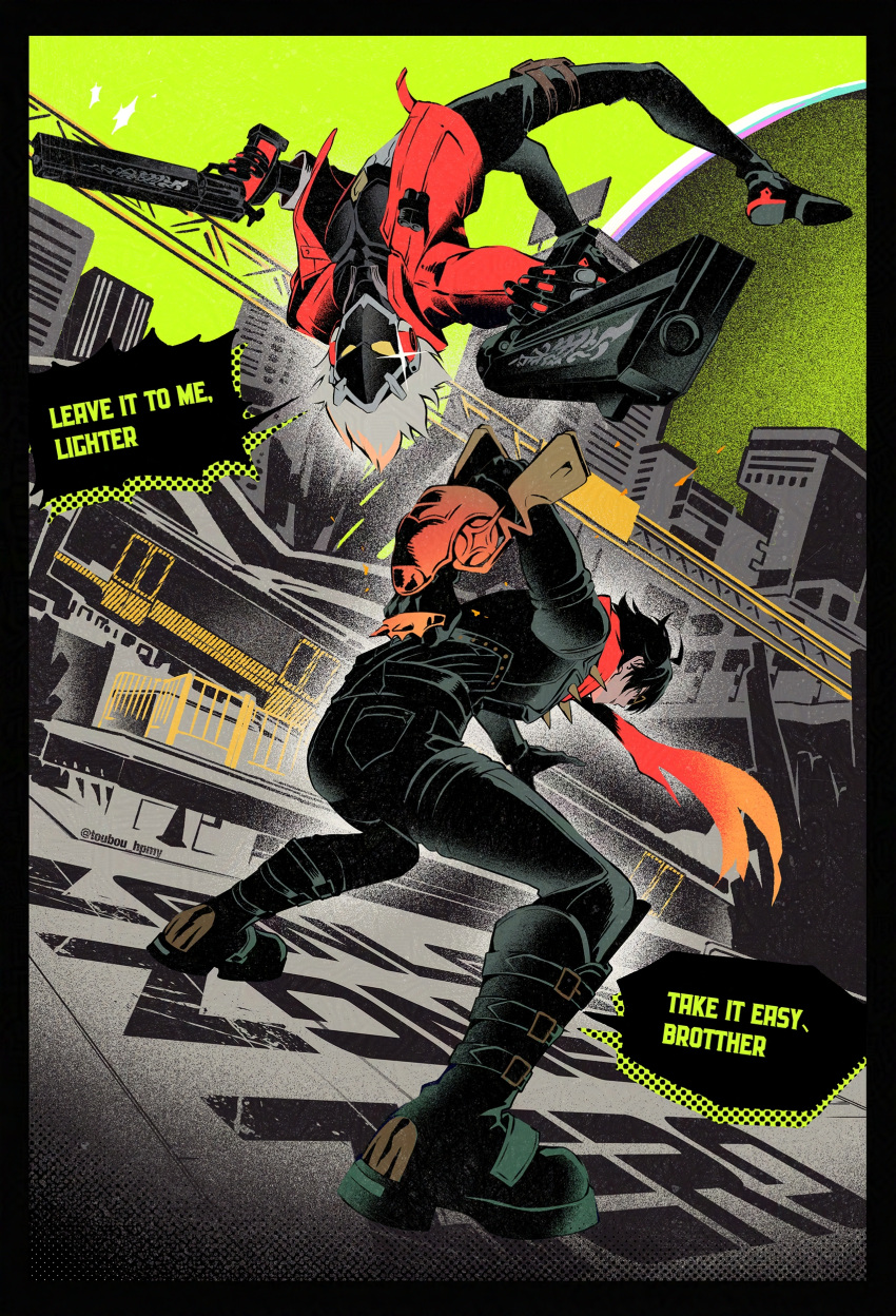 Safebooru - 2boys absurdres billy kid black border black footwear black hair black pants boots ...