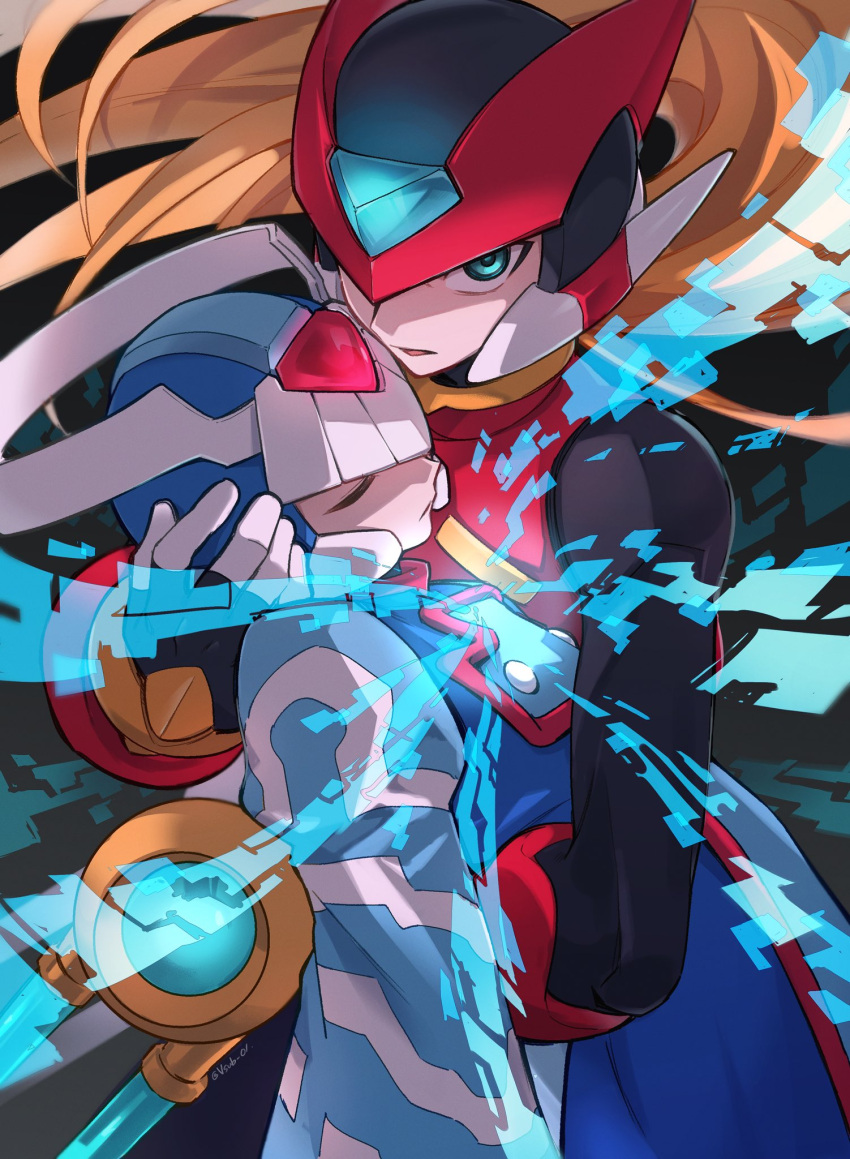 Safebooru - 2boys android armor blonde hair blue cloak blue eyes blue ...