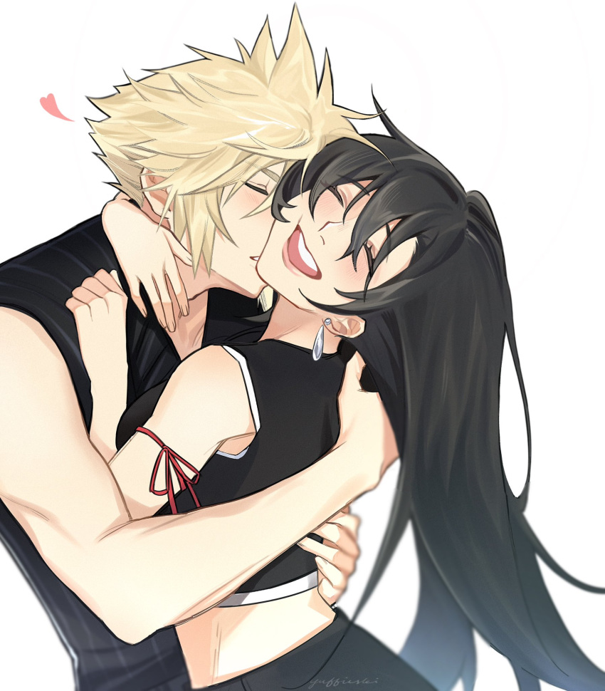 Safebooru - 1boy 1girl arm around neck arm ribbon bare shoulders black hair black shirt black ...