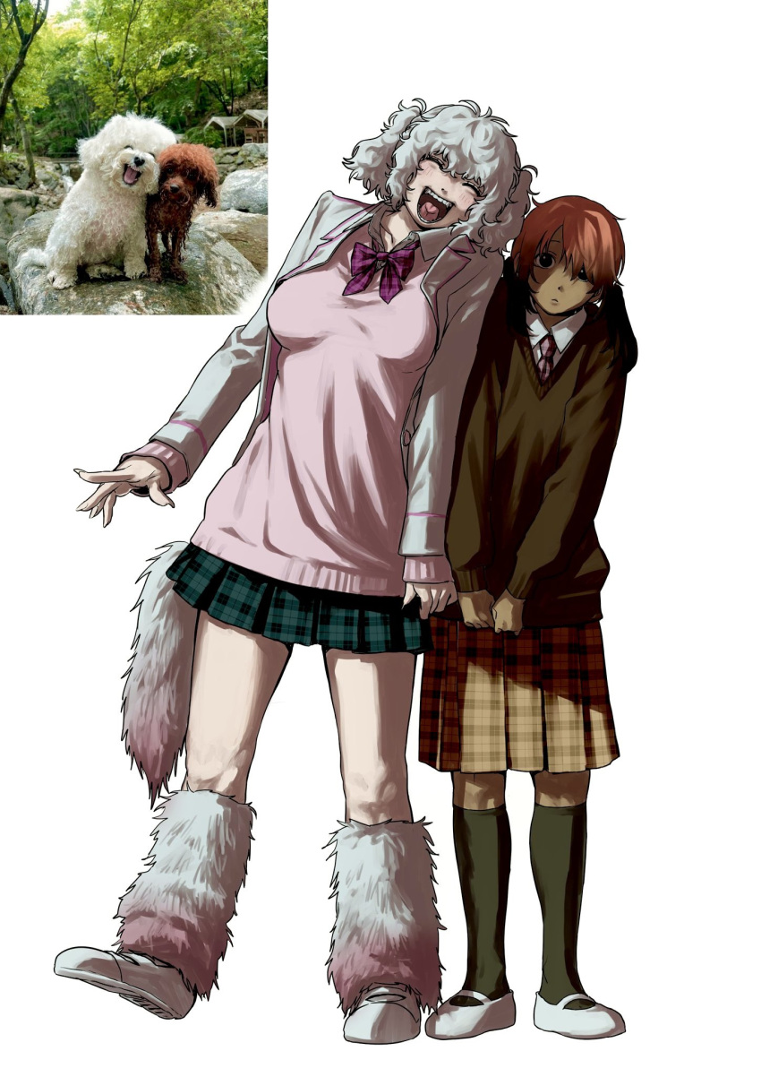 Safebooru - 184 2girls animal black eyes brown sweater closed eyes dog full body fur leg warmers ...