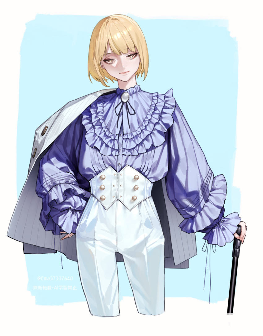 Safebooru - 1boy blonde hair cape corset emo37337640 frilled shirt frills highres looking at ...