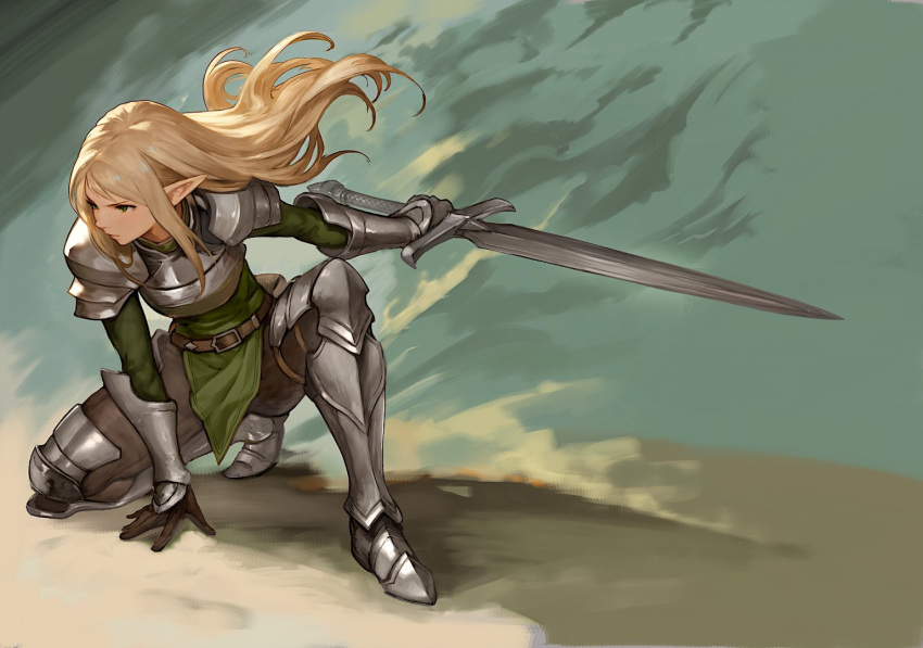 Safebooru - 1girl abstract background armor belt blonde hair breastplate brown belt brown pants ...