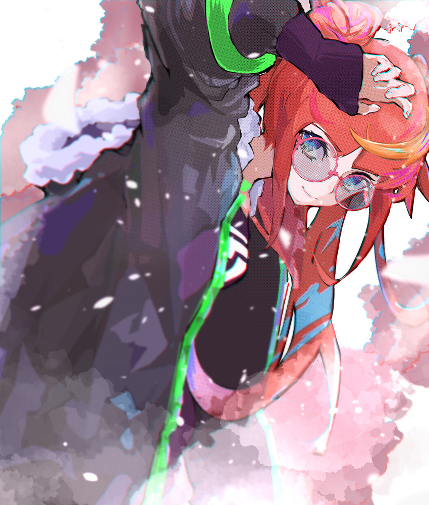 Safebooru - 1girl absurdres arm up black jacket blue eyes closed mouth eyelashes glasses highres ...