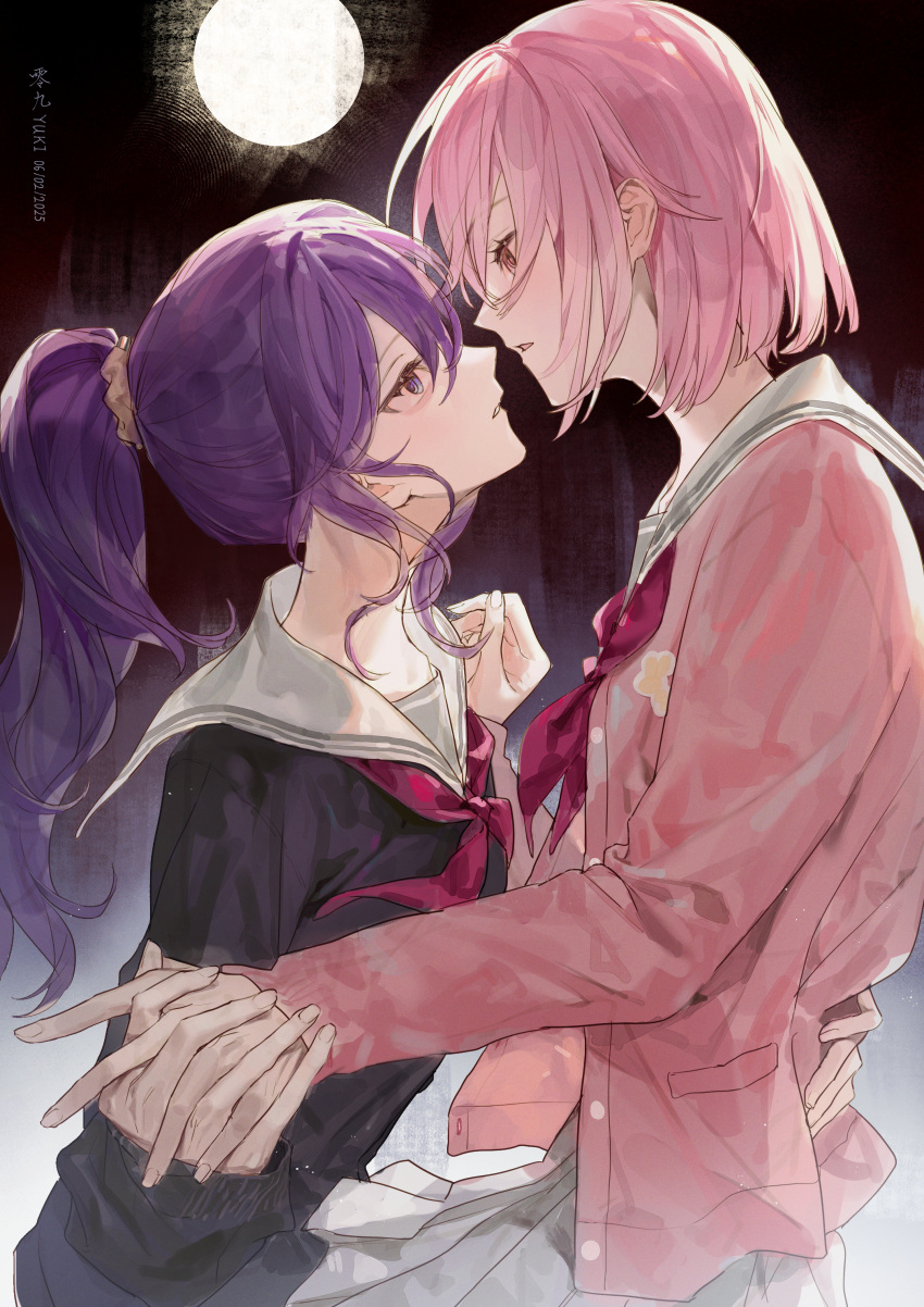 Safebooru - 2girls absurdres artist name asahina mafuyu black serafuku blue eyes blush cardigan ...