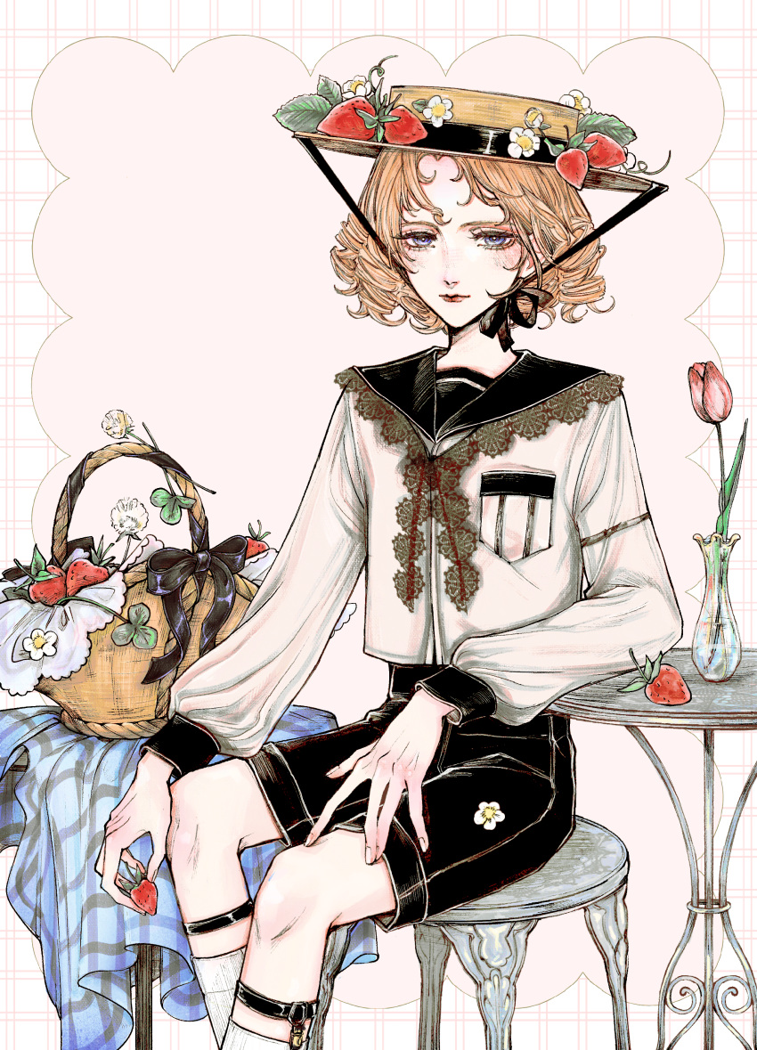 Safebooru - 1boy absurdres ankle garter basket bishounen black shorts blonde hair expressionless ...