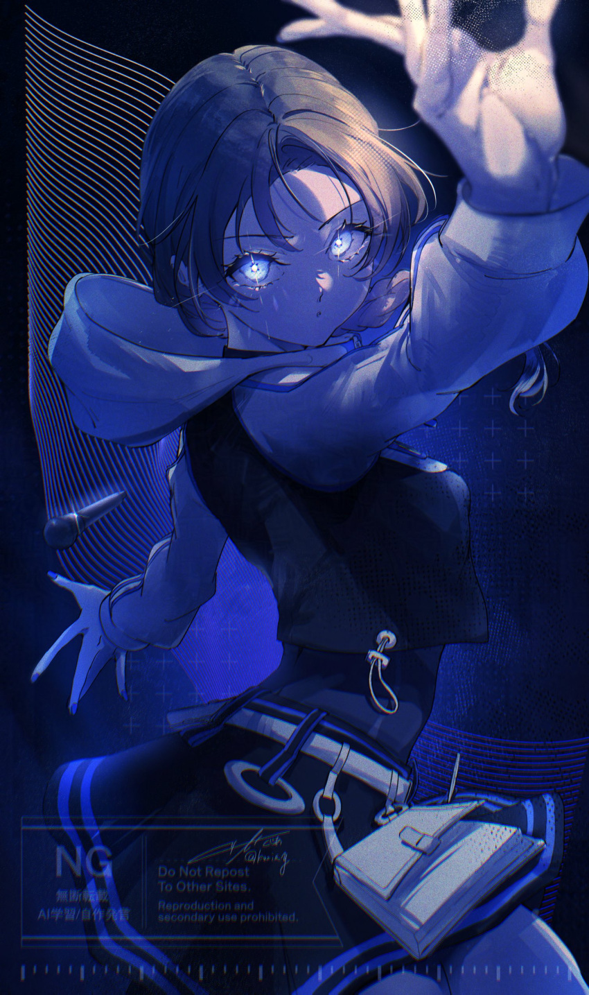 Safebooru - 1girl :o absurdres alt text black hoodie black skirt blue ...