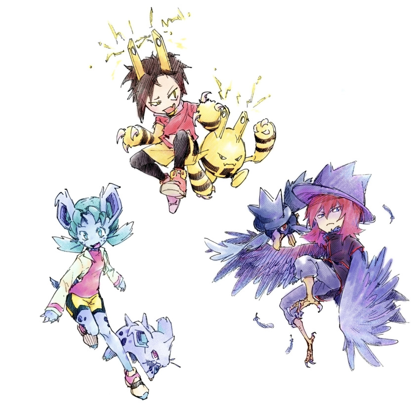 Safebooru - 1girl 2boys :d bird legs black hair black jacket blue eyes ...