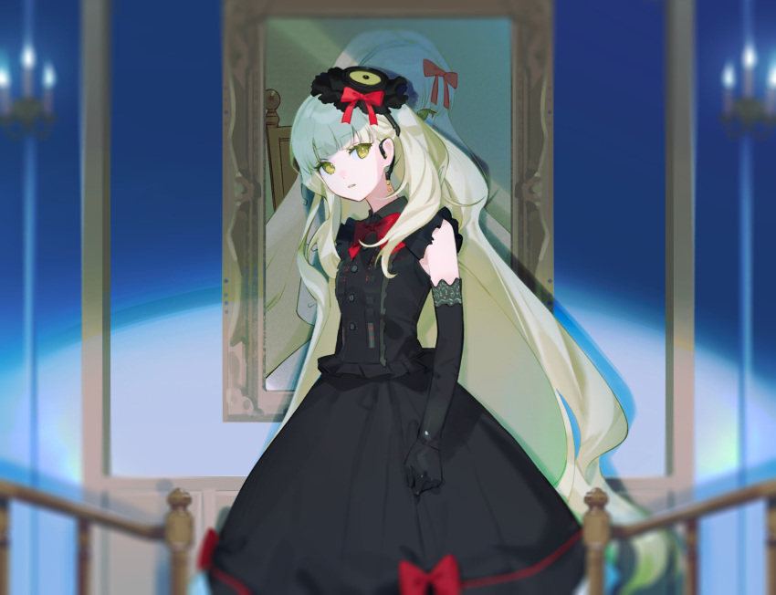 Safebooru - 1girl black dress black gloves black hat blonde hair blunt bangs blurry blurry ...