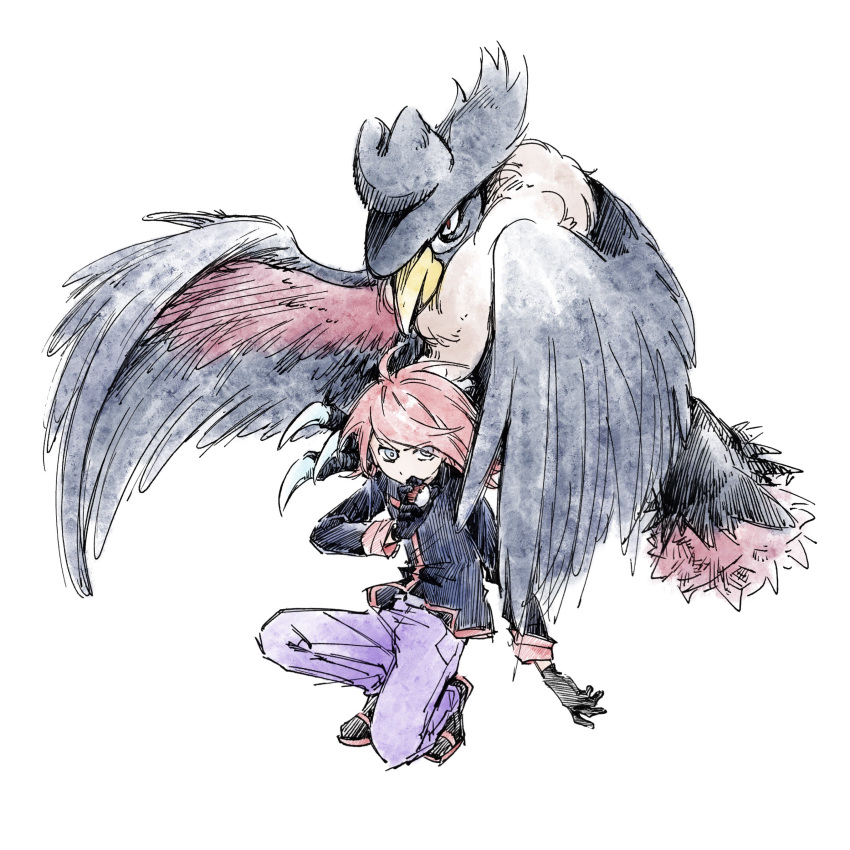 Safebooru - 1boy absurdres bird black feathers black footwear black gloves black jacket feathers ...