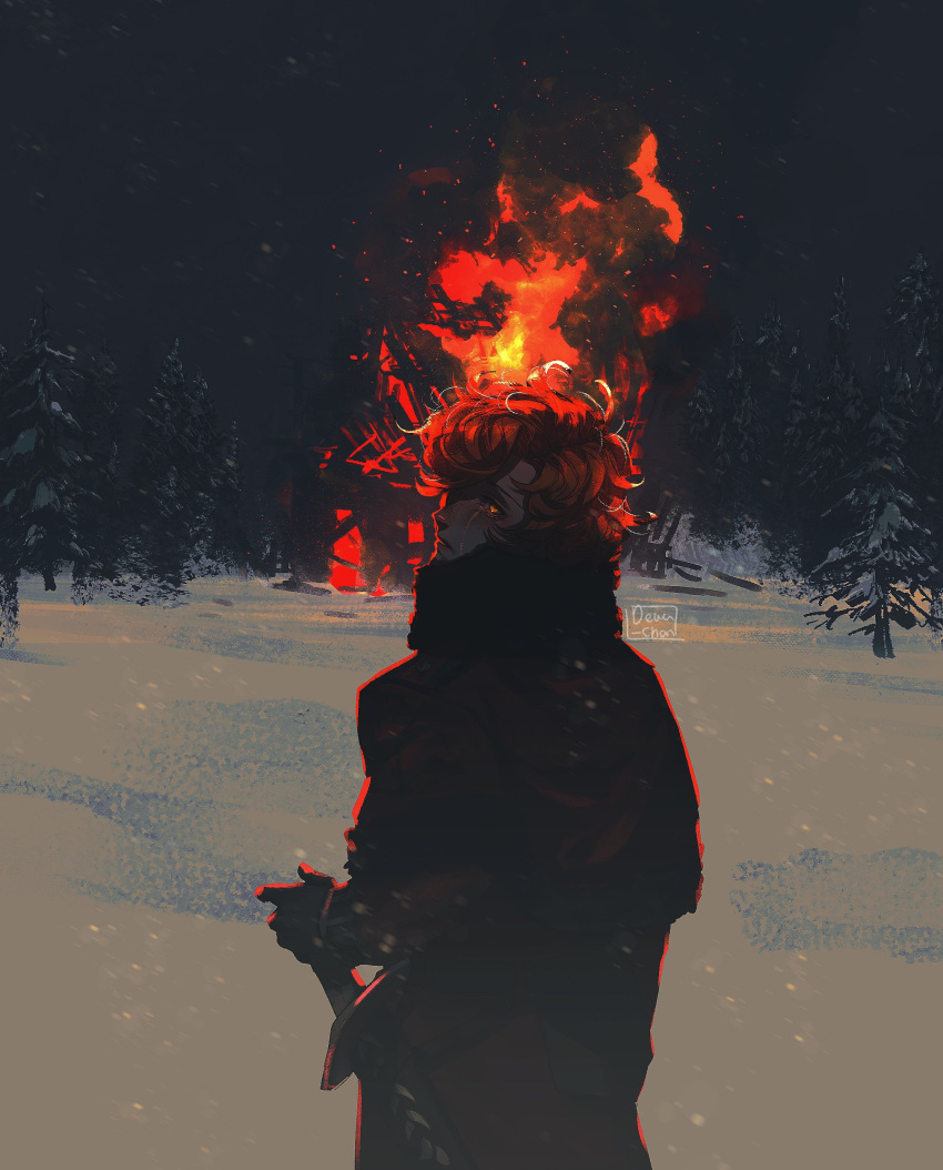 Safebooru - 1boy absurdres artist name burning burning building coat ...