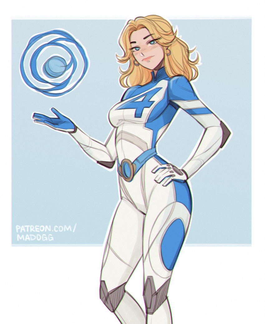 Safebooru - 1girl artist name blonde hair blue bodysuit blue eyes bodysuit breasts fantastic ...