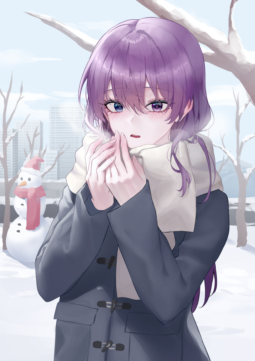 Safebooru - 1girl absurdres black jacket blue eyes blue sky breath ciel lumiere cold commentary ...