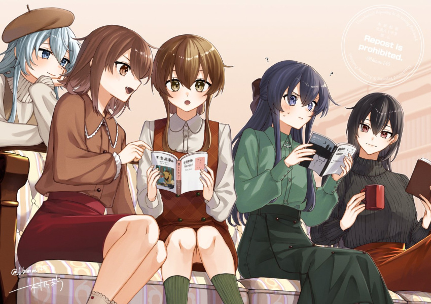 Safebooru - 5girls ? akatsuki (kancolle) alternate costume beret black hair black sweater blue ...