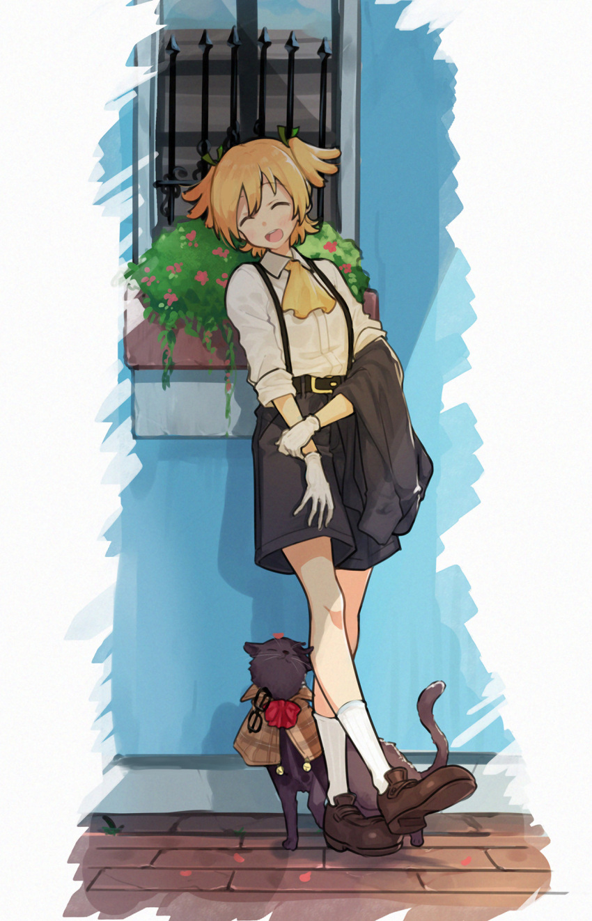 Safebooru - 1girl 2929gigamax :d ^ ^ ascot black shorts blonde hair brown footwear cat closed ...