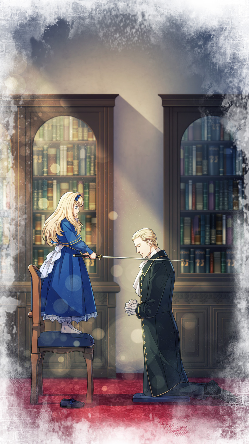Safebooru - 1boy 1girl aged down black coat black footwear blonde hair blue bow blue capelet ...