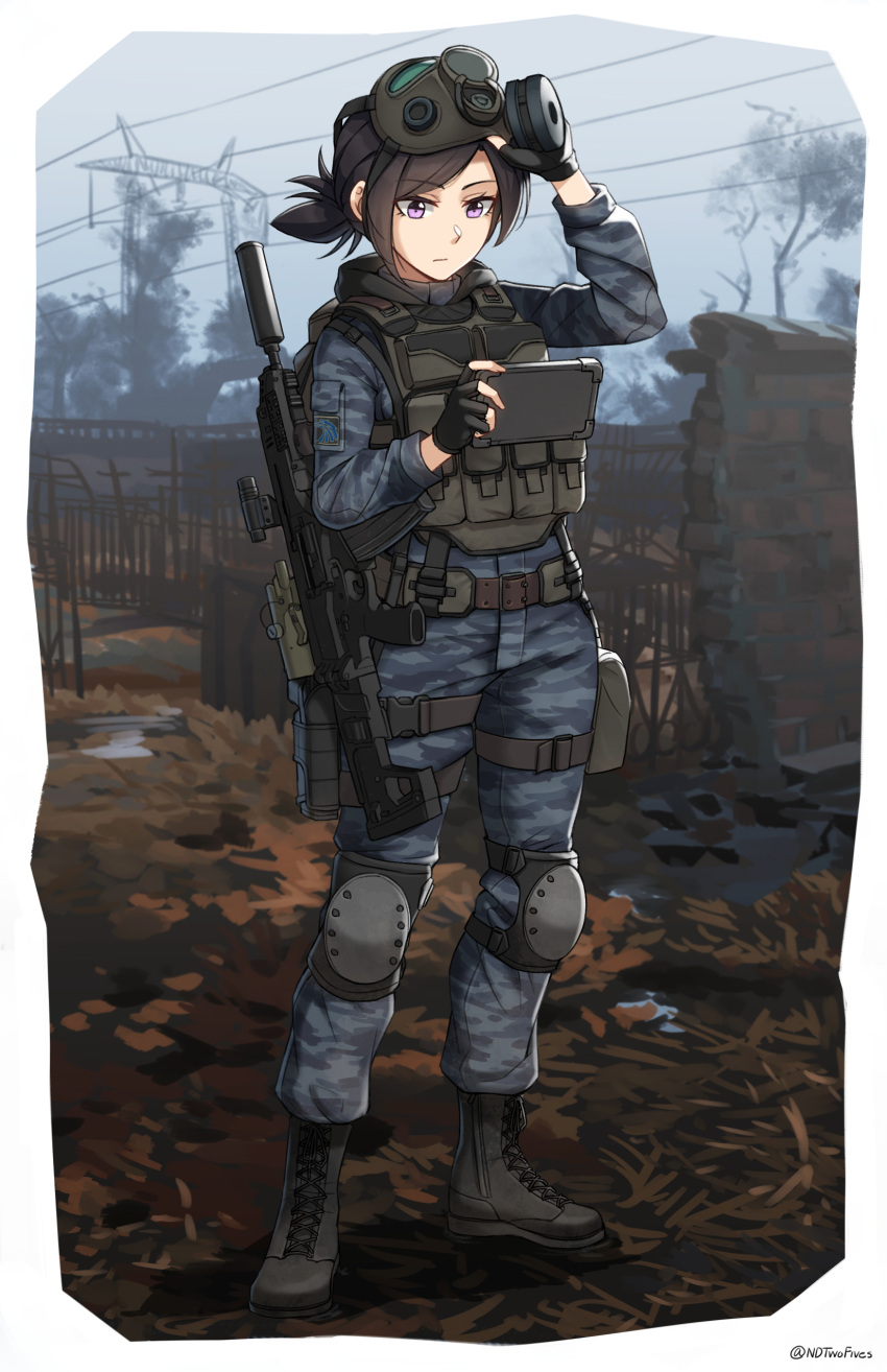 Safebooru - 1girl absurdres arm up black footwear black gloves blue jacket blue pants blue sky ...