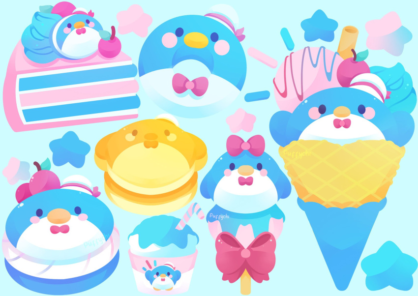 Safebooru - animal-themed food bird blue background blue theme bow ...