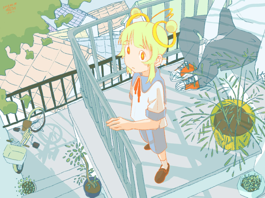 Safebooru - 1girl 1other balcony bicycle building day flower pot from ...