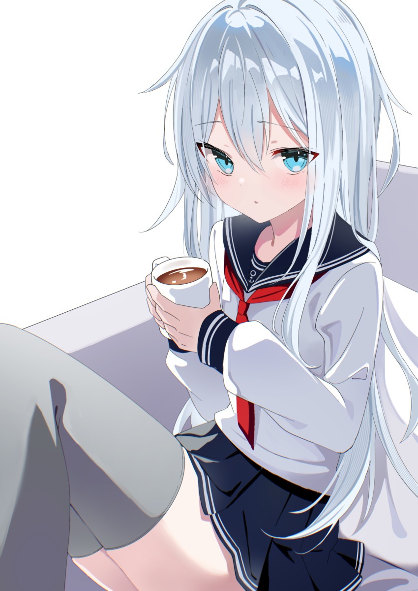 Safebooru - 1girl black sailor collar black skirt blue eyes commentary couch cup fathom grey ...