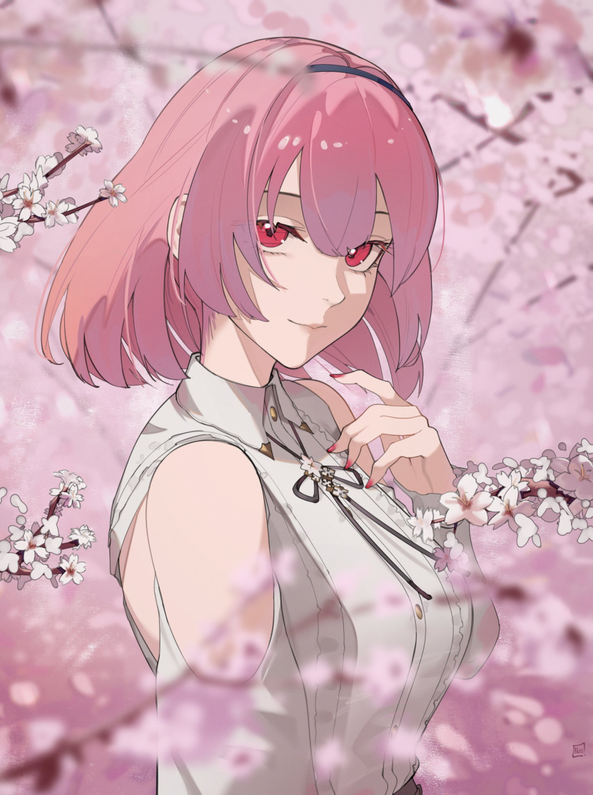 Safebooru - 1girl absurdres black hairband black ribbon blurry blurry foreground branch cherry ...