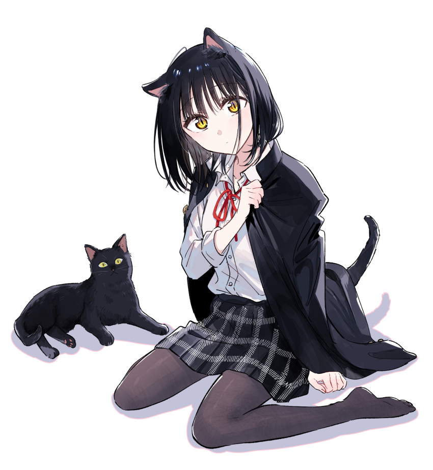 Safebooru - 1girl akinoko (noco916) animal ears black cat black hair black pantyhose black skirt ...