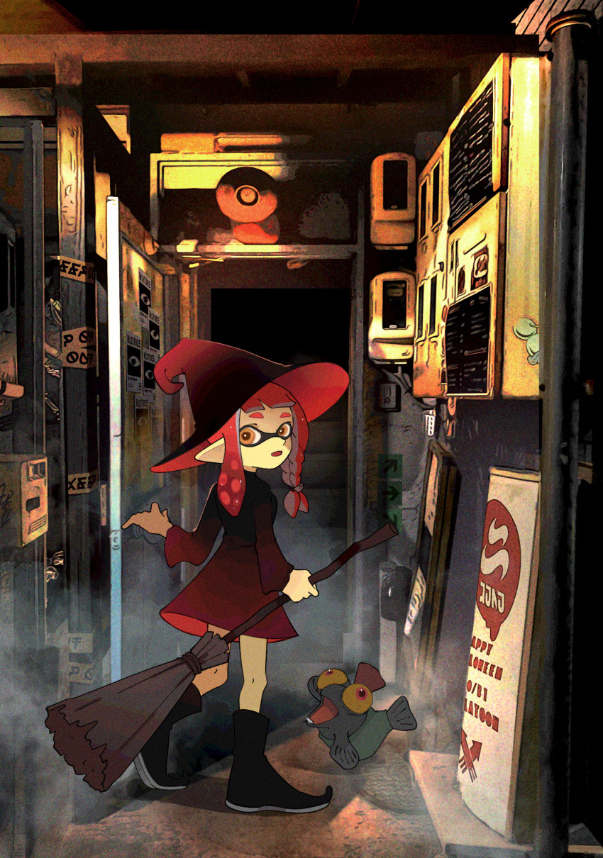 Safebooru - 1girl black shoes broom brown eyes halloween hat highres ...