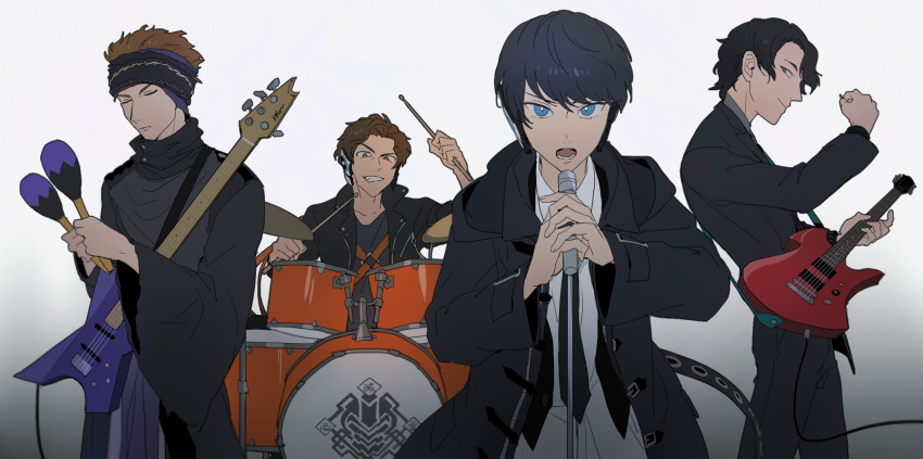 Safebooru - 3boys azkn bass guitar black coat black hair black jacket ...