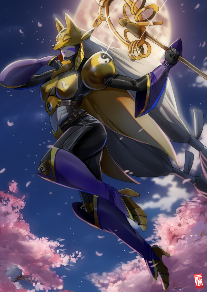 Safebooru - 1girl animal helmet armor belt black bodysuit bodysuit cherry blossoms digimon ...