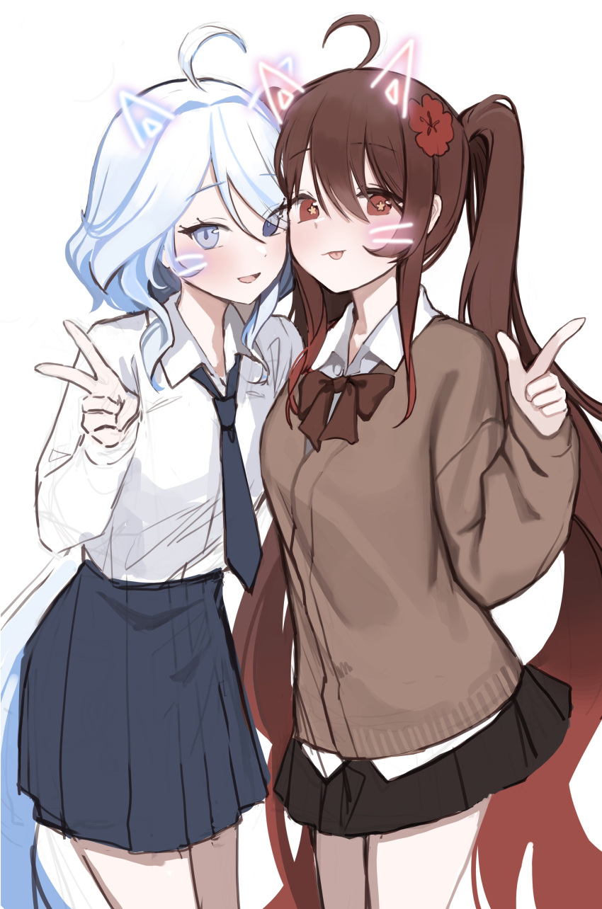 Safebooru - 2girls absurdres alternate costume blue eyes blue hair brown hair flower flower ...