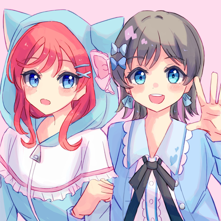 Safebooru - 2girls :d :o animal hood black ribbon blue cardigan blue ...