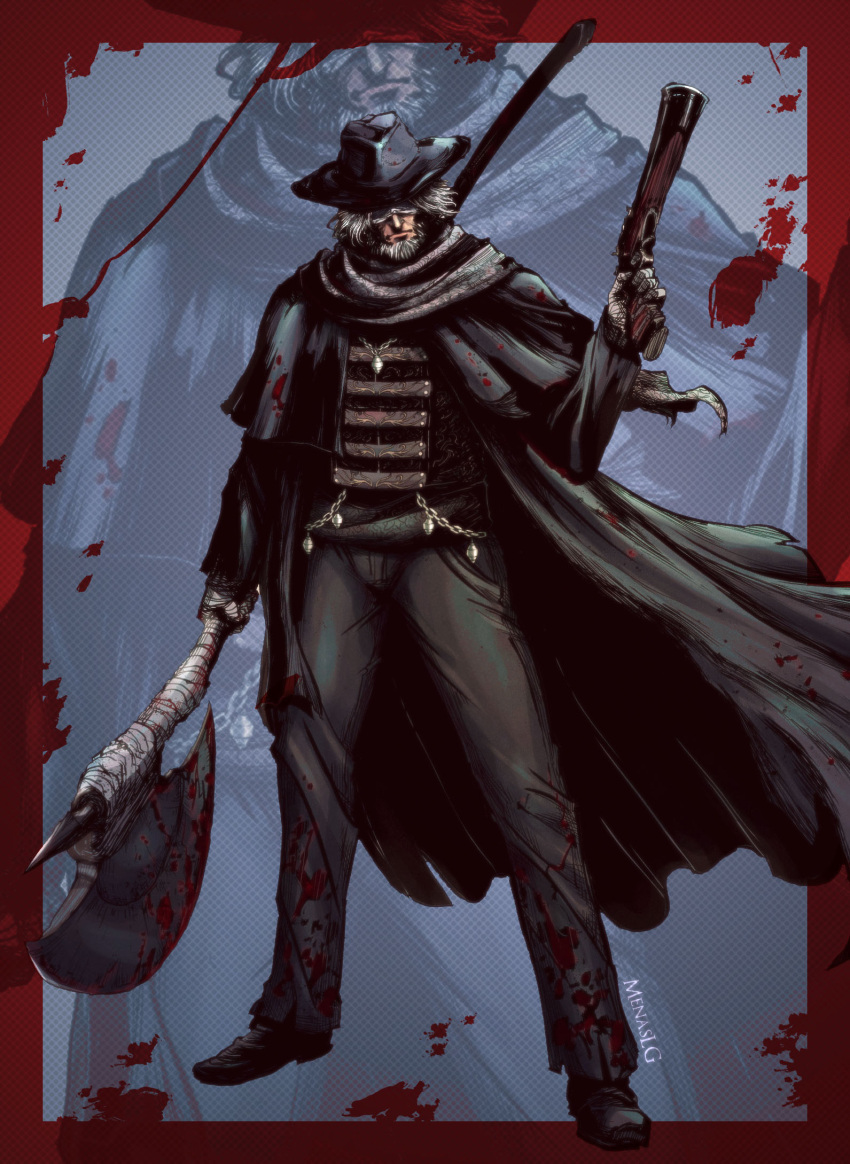 Safebooru - 1boy asymmetrical dual wielding axe black cape black hat black pants black shoes ...