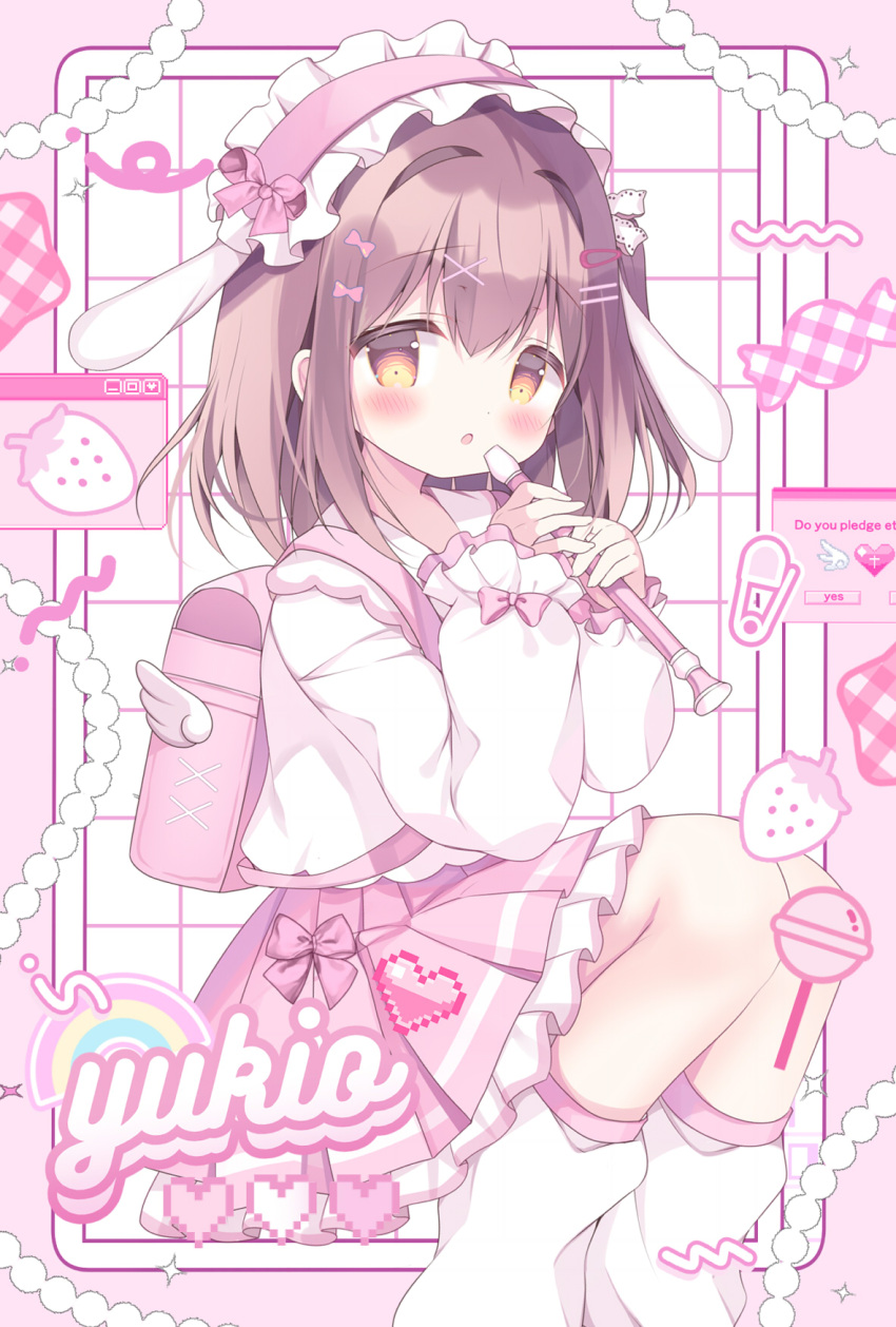 Safebooru - 1girl :o animal ears azumi kazuki backpack bag blush border brown eyes brown hair ...