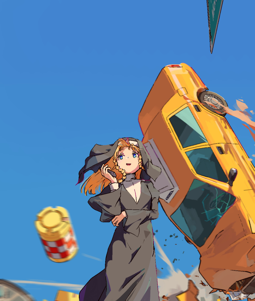 Safebooru - 1girl anikari (9rxxr72gzagsn9p) black dress black veil blonde hair blue background ...