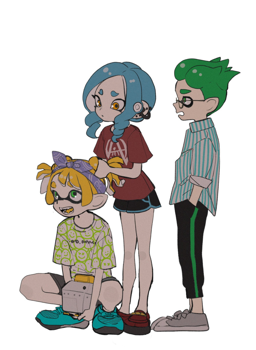 Safebooru - 1boy 2girls autobomb (splatoon) bandana black shorts blonde ...