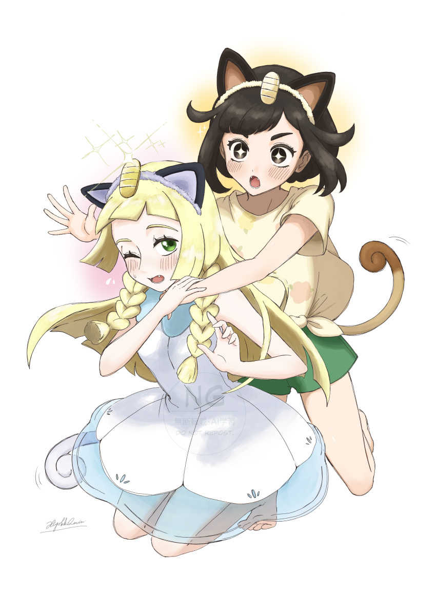 Safebooru - + + 2girls :o absurdres animal ears barefoot blonde hair blush braid cat day cat ...