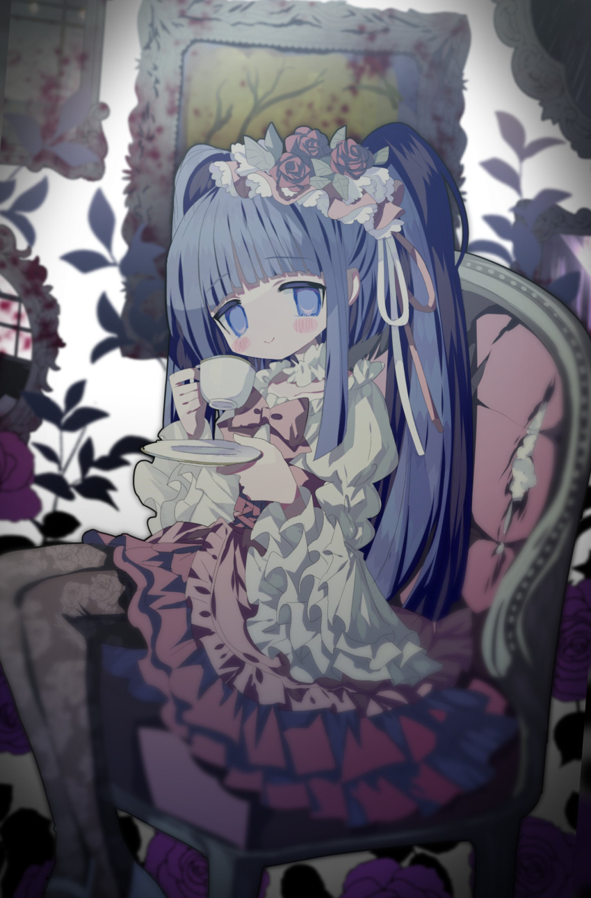 Safebooru - 1girl absurdres blood blue eyes blue hair blunt bangs blurry blush bow chair collar ...
