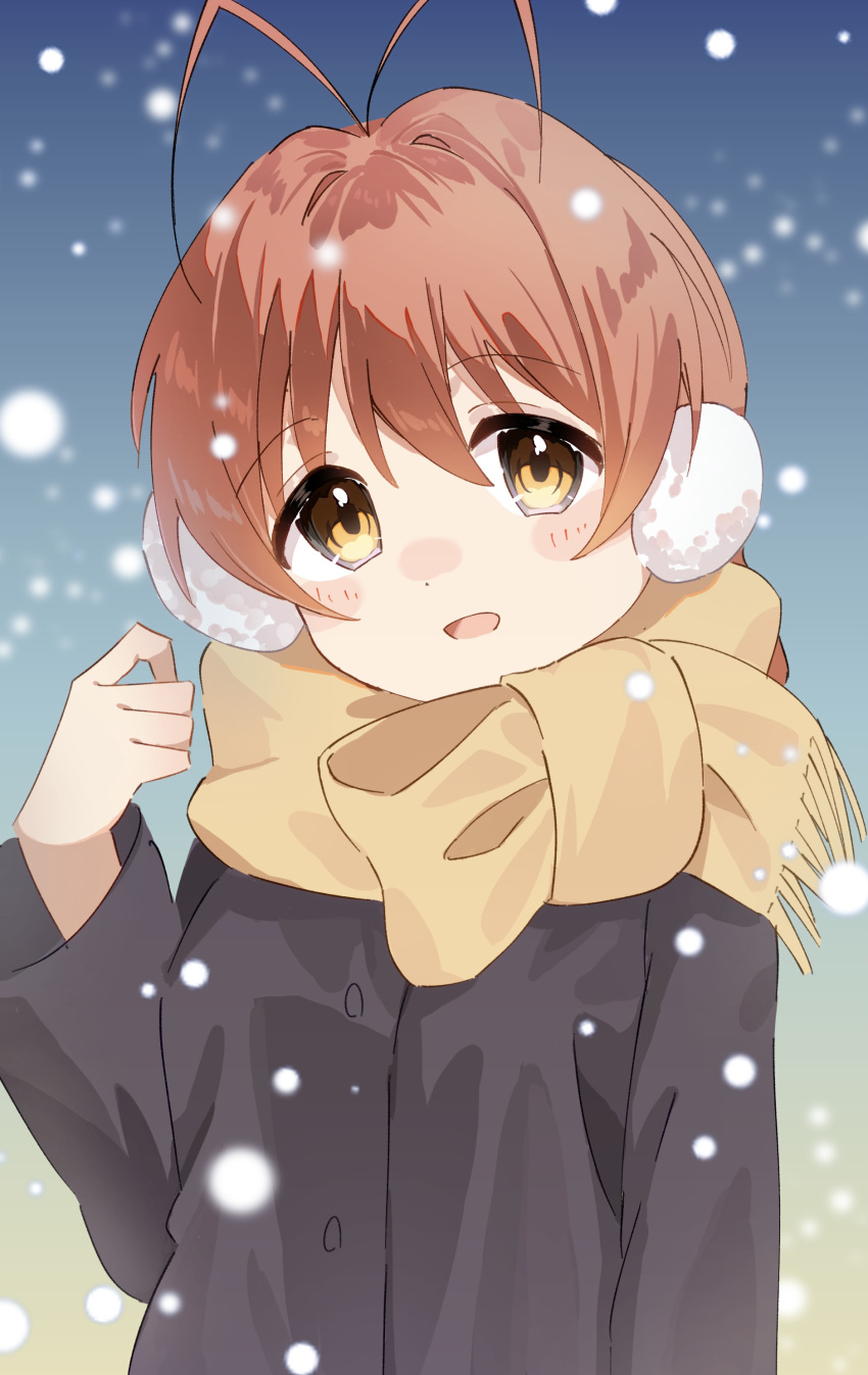 Safebooru - 1girl absurdres alternate costume antenna hair black coat blush stickers brown eyes ...
