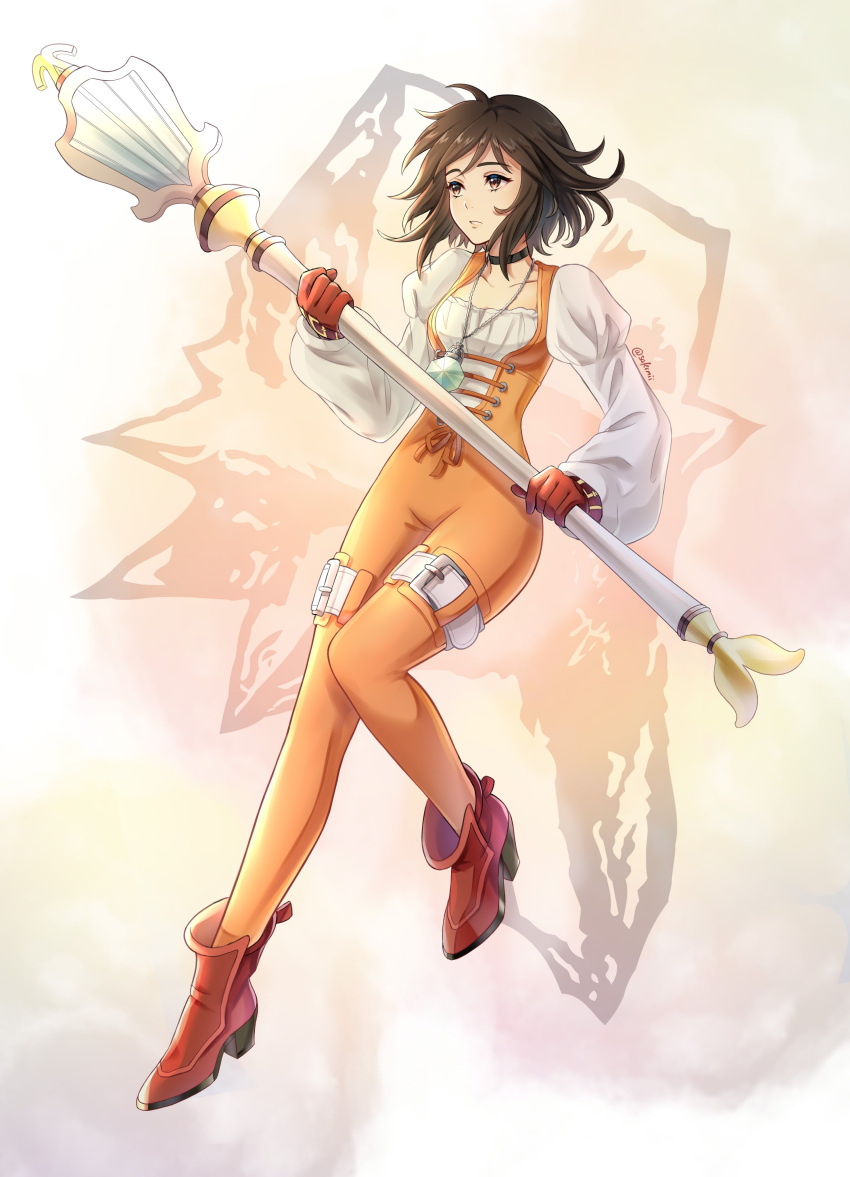 Safebooru - 1girl absurdres ankle boots belt buckle black choker black hair bodysuit boots brown ...